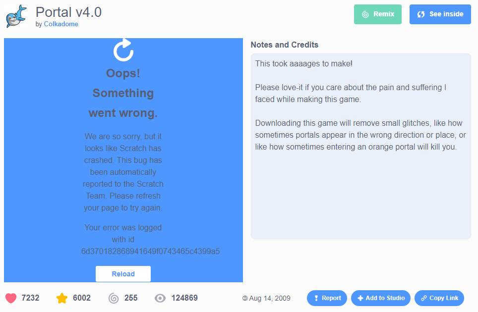 Scratch always crashes when trying to load Portal v4.0 - Discuss Scratch