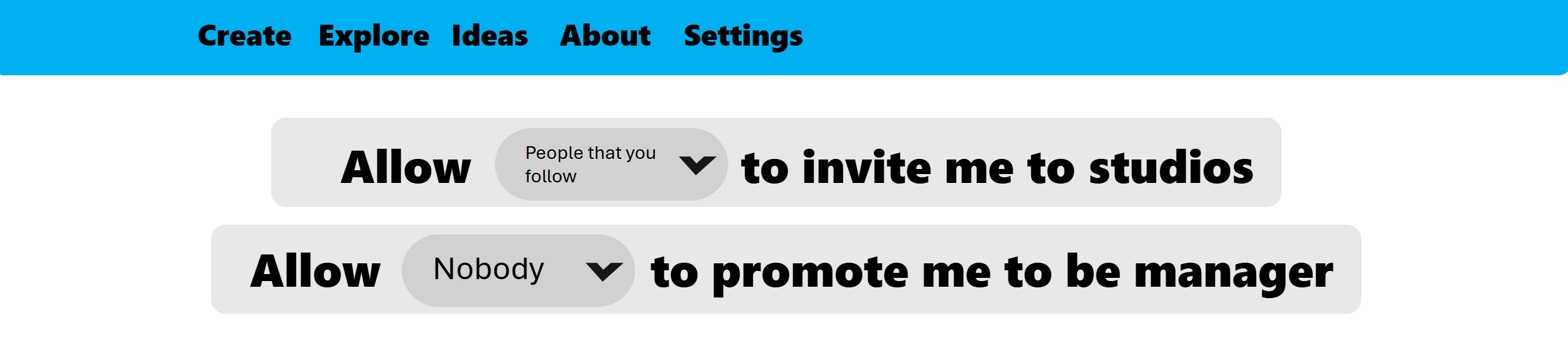 = "Allow (SELECT) to invite me to studios" in settings = - Discuss Scratch