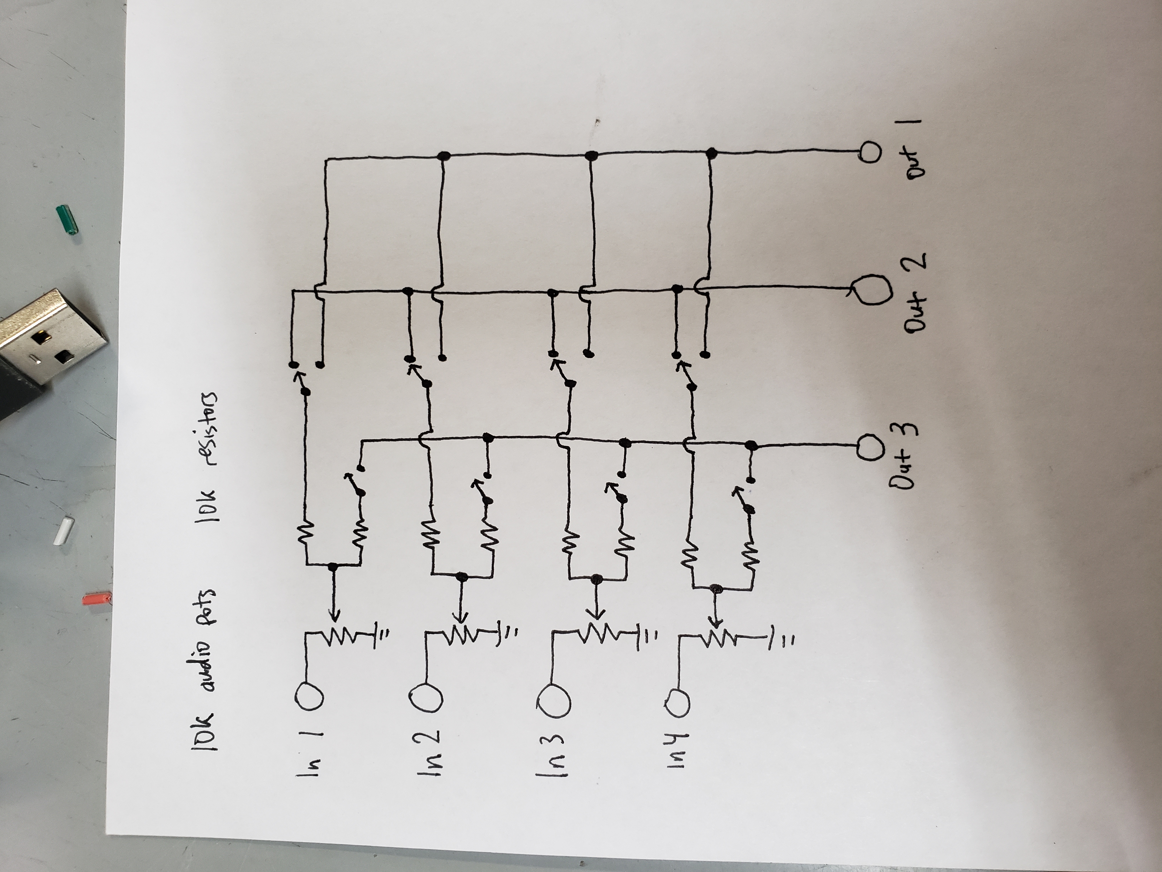 I made a weird passive mixer with 4 inputs that can be routed to 3 ...
