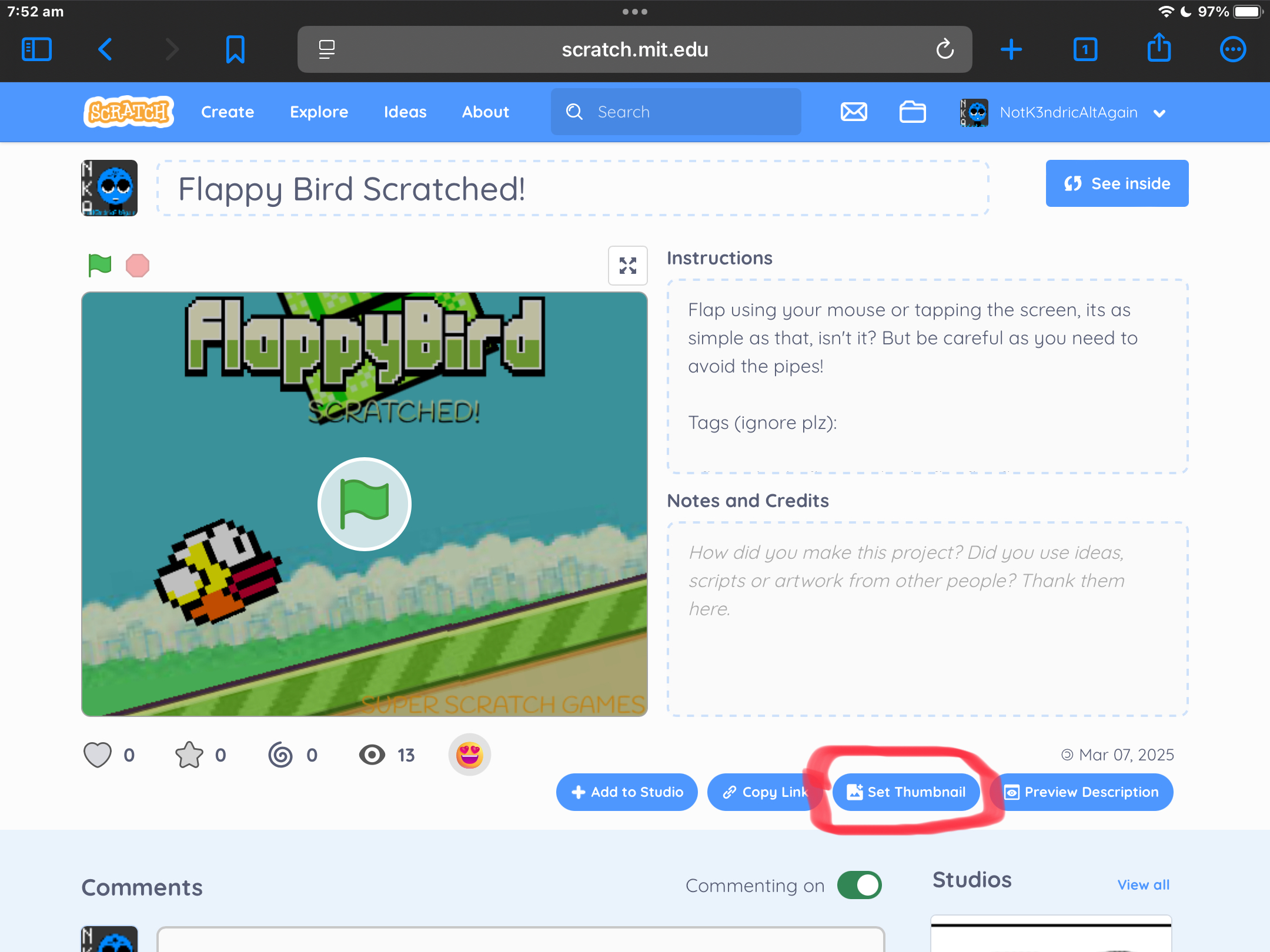 how do we get a moving thumbnail of our choice? - Discuss Scratch