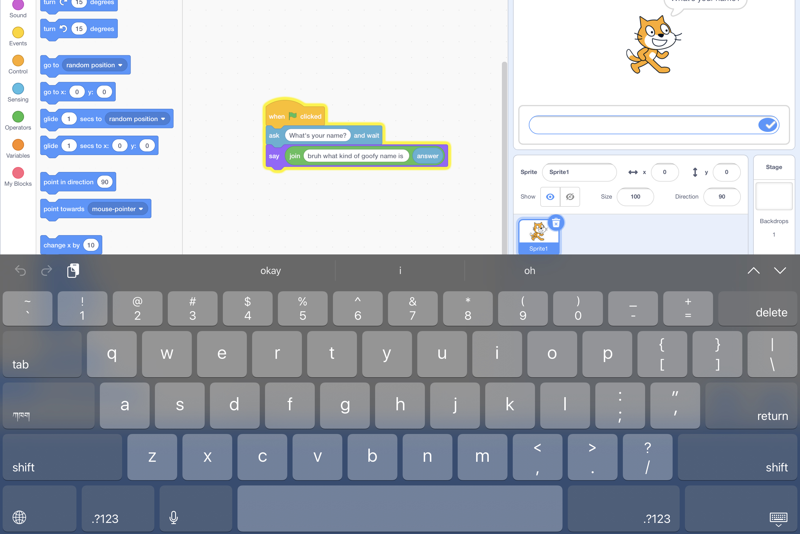 Does prompting a question using the "ask" block pull up a keypad if the ...