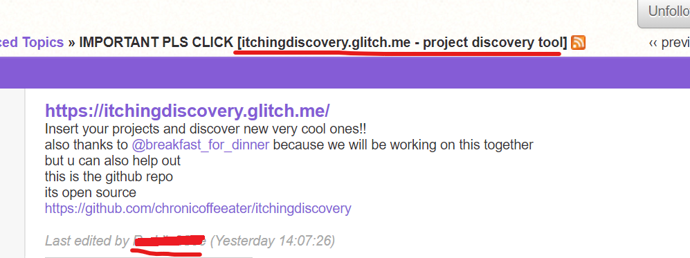 IMPORTANT PLS CLICK [itchingdiscovery.glitch.me - project discovery tool] - Discuss Scratch