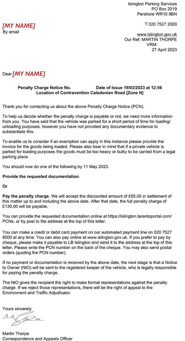 Islington PCN - Zone N - Contravention 01