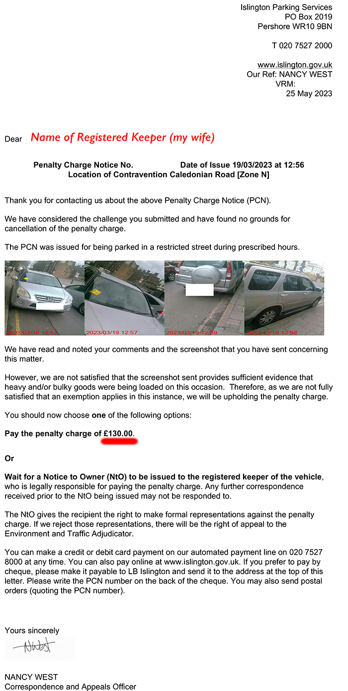 Islington PCN - Zone N - Contravention 01
