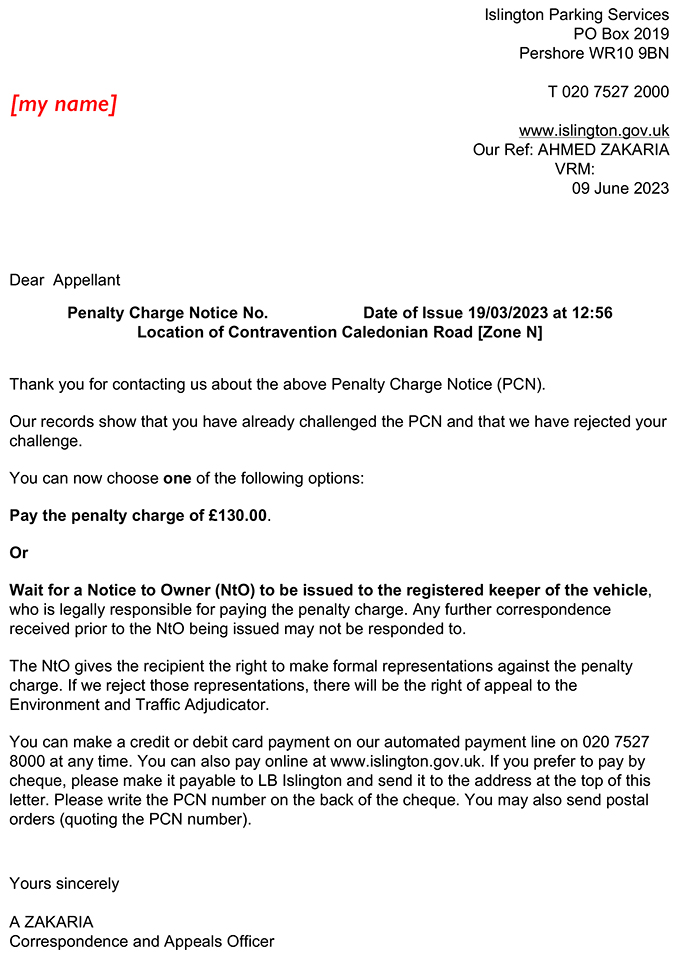 Islington PCN - Zone N - Contravention 01