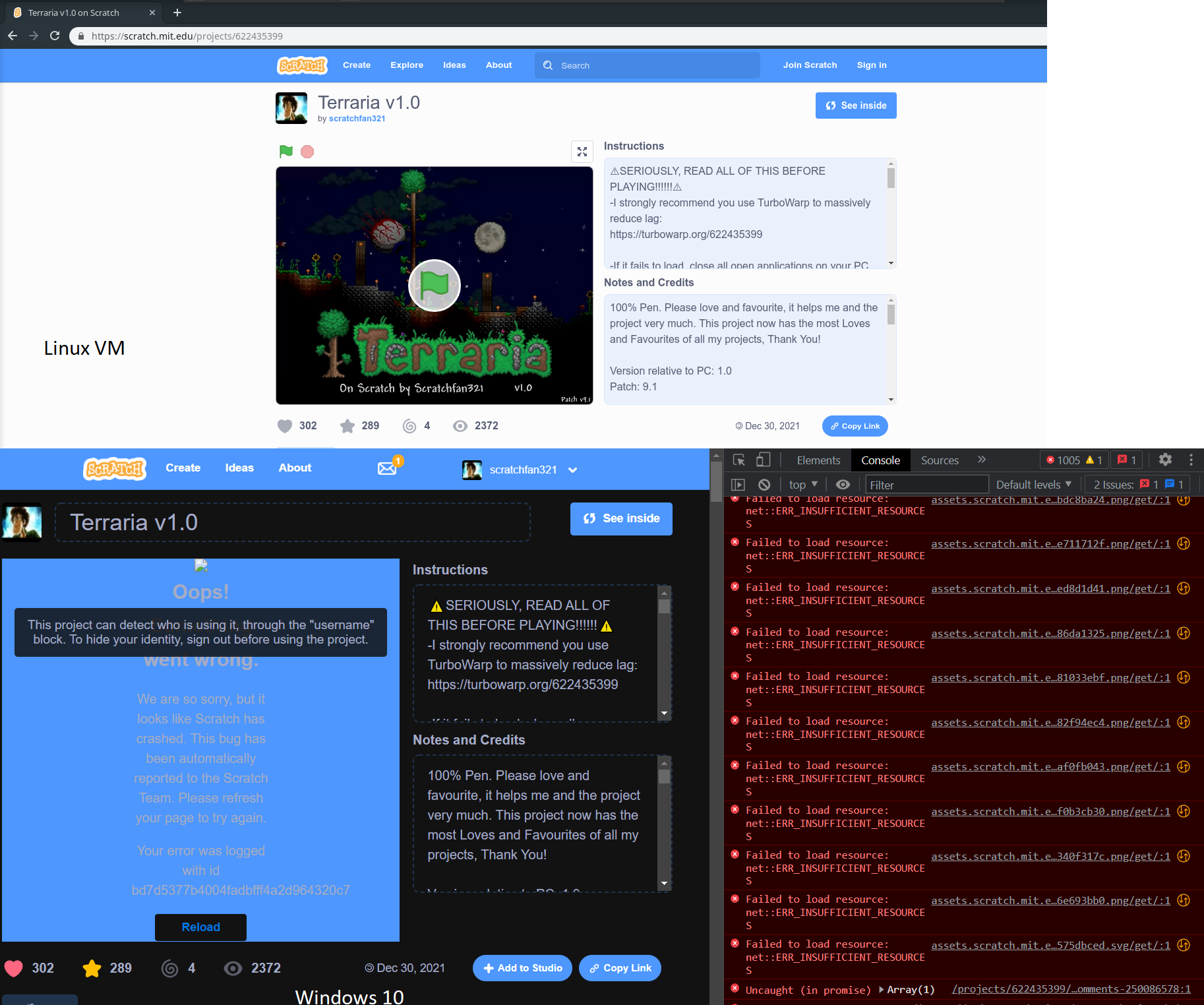"Oops! Something went wrong. We are so sorry, but it looks like Scratch ...